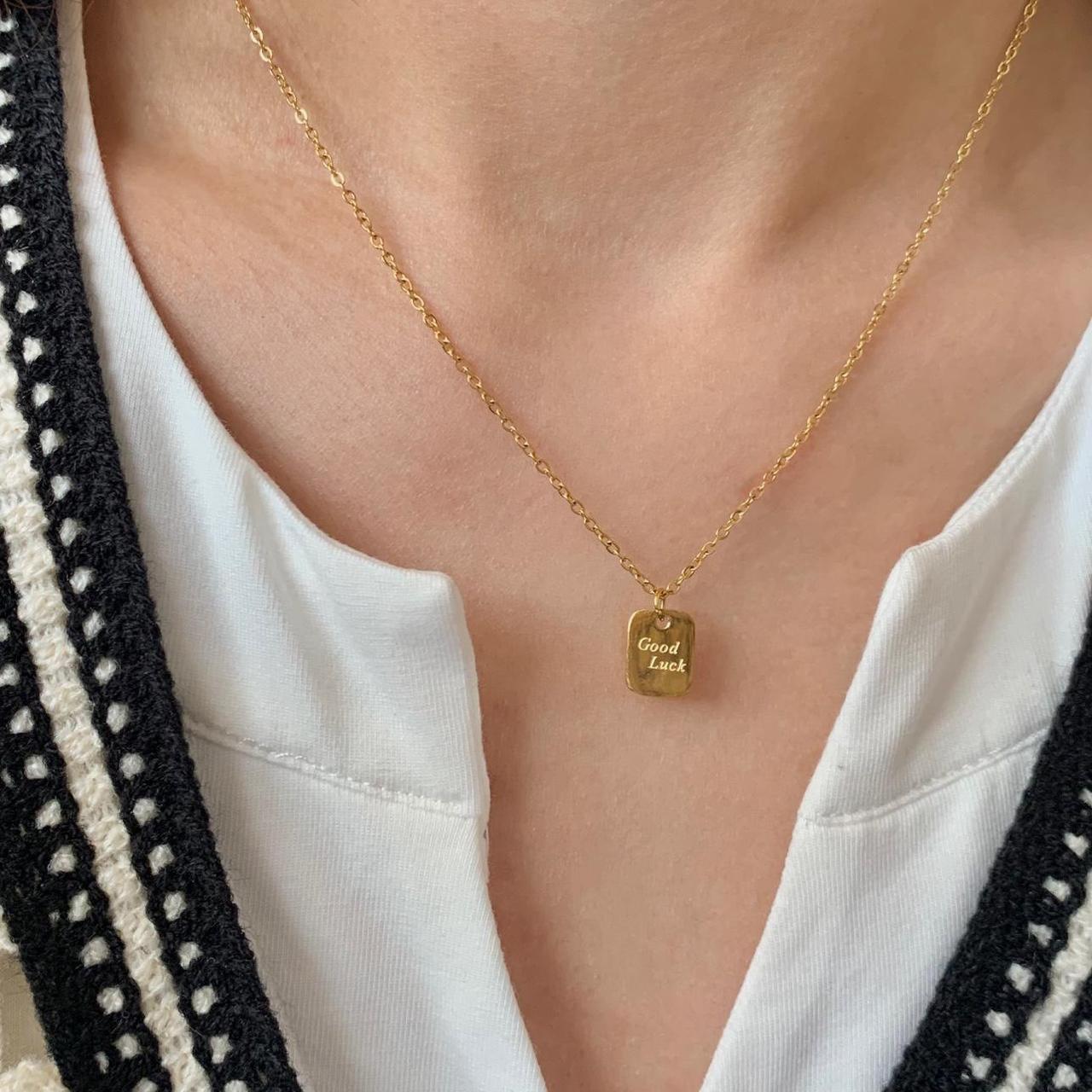 Rectangle good luck pendant gold plated necklace... - Depop