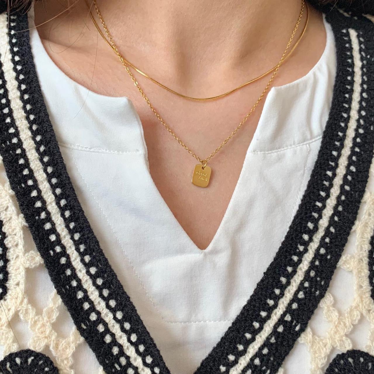 Rectangle good luck pendant gold plated necklace... - Depop