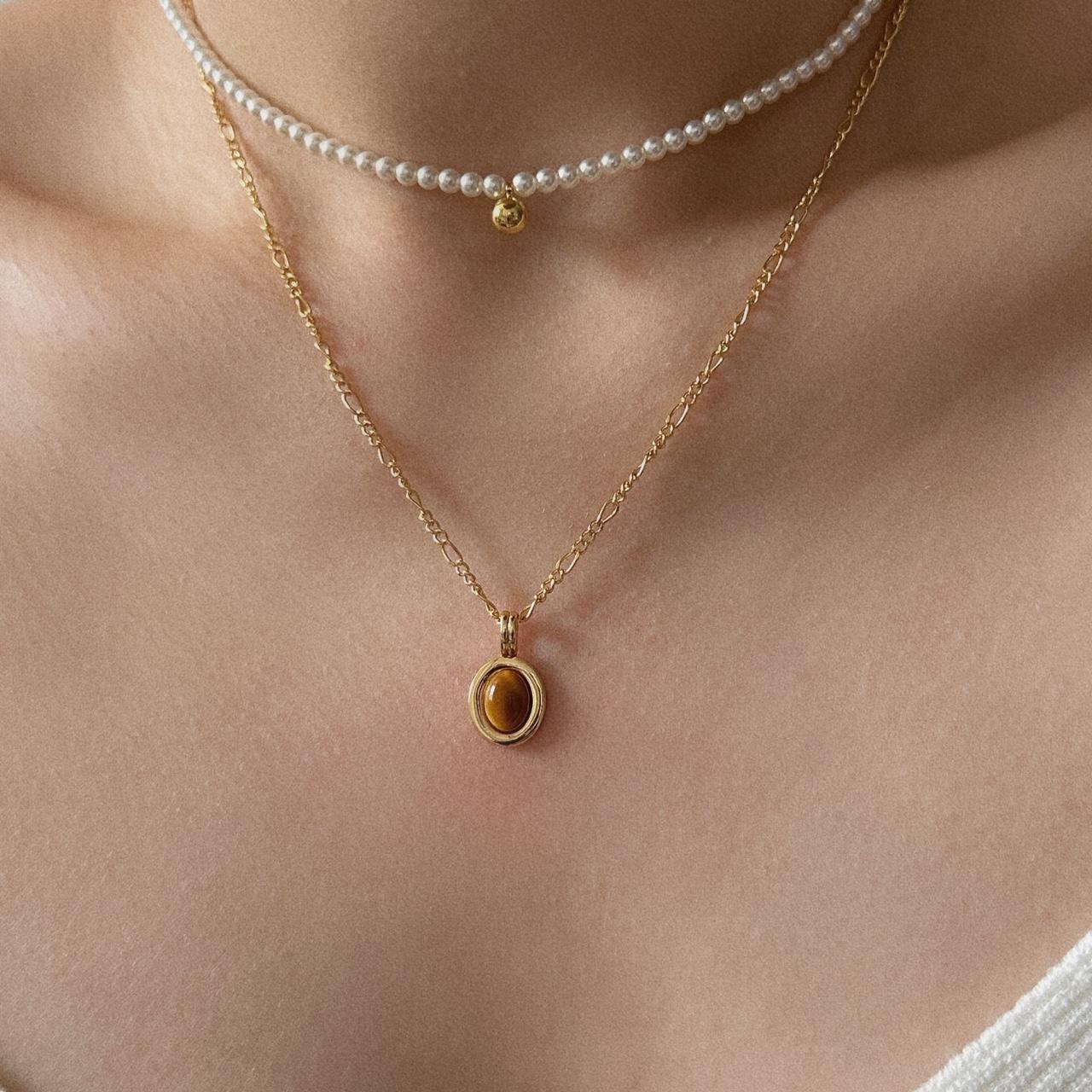 Natrual tiger oval gold pendant Necklace Chic design... - Depop