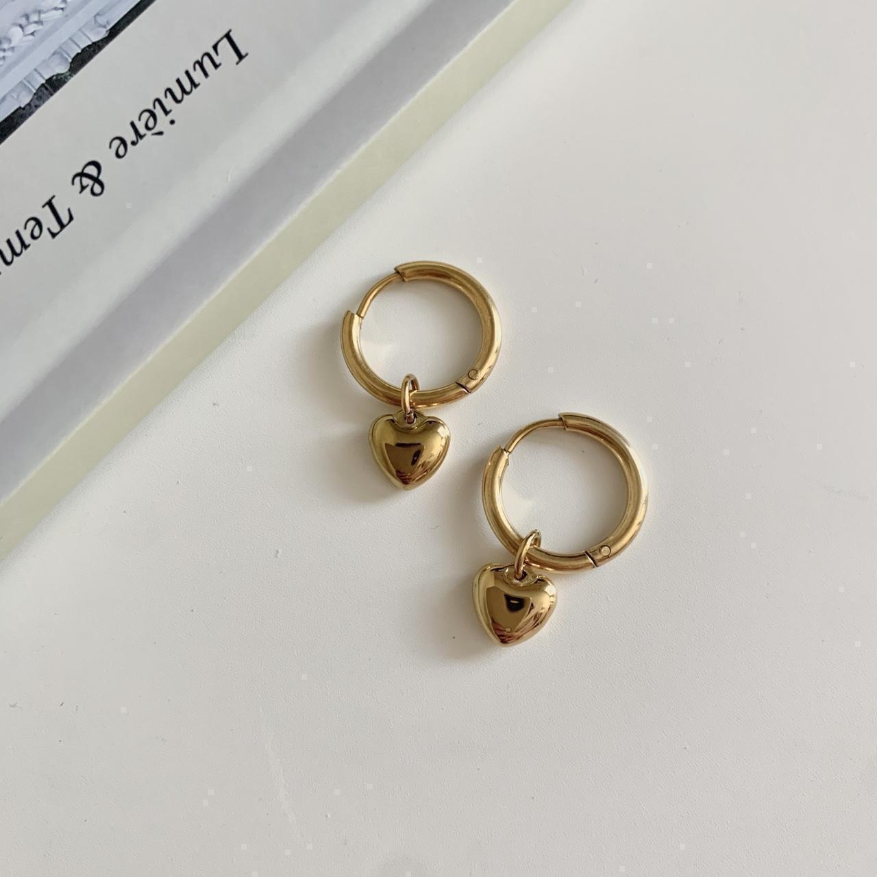 Mini Heart Gold Hoop Earrings Very cute and chic... - Depop