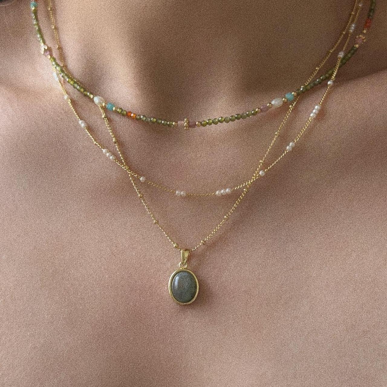 Oval labradorite gemstone gold bead pendant... | Depop