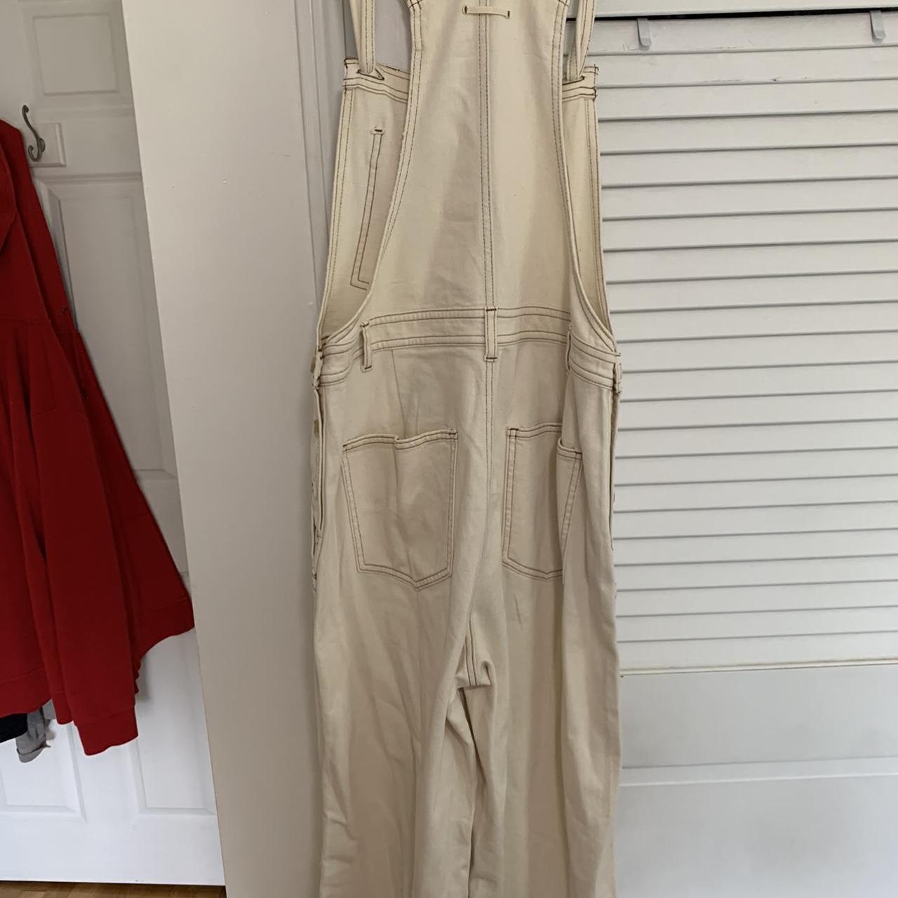 Aerie cream/white overalls with brown stitching Size... - Depop