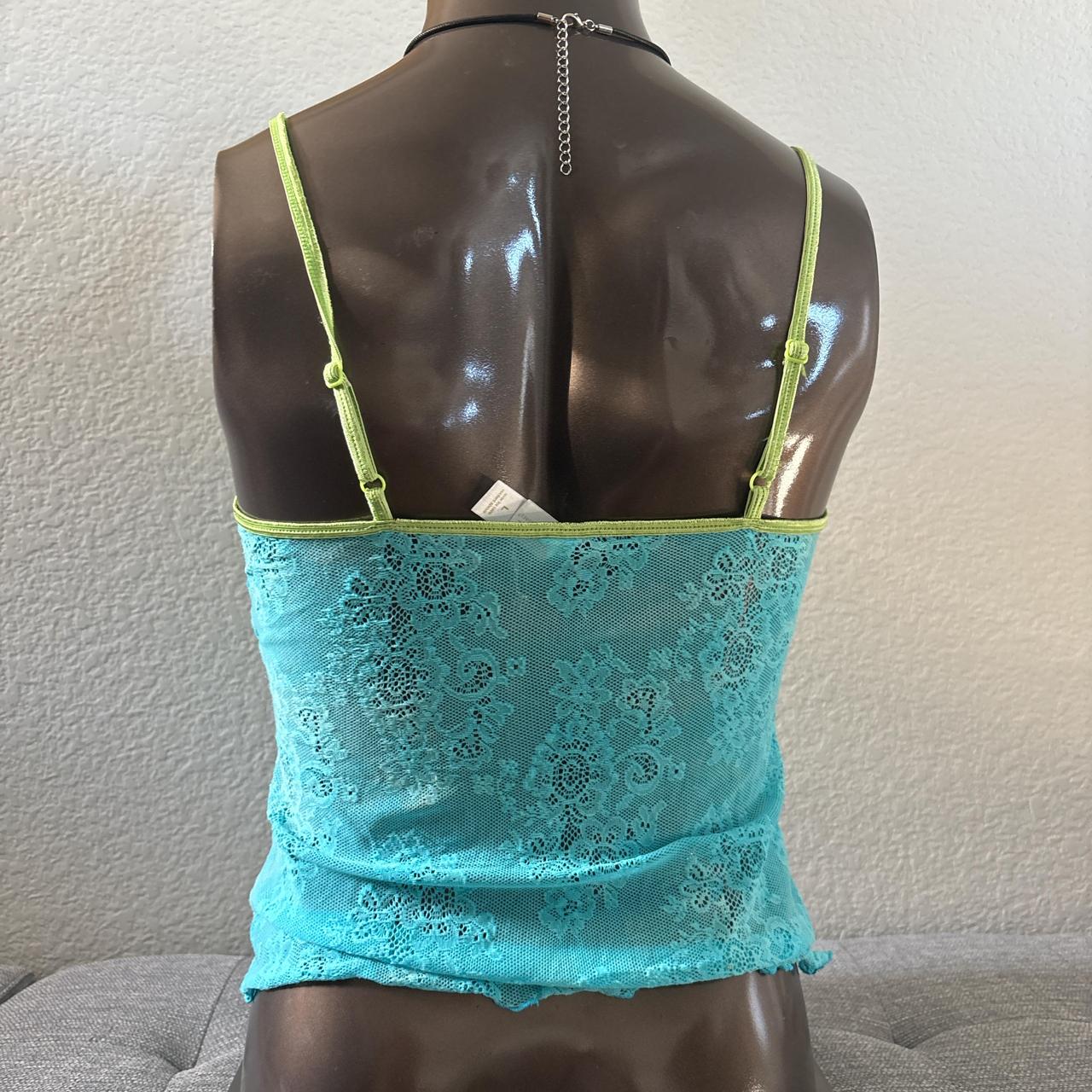Blue lace cami with green ribbon detail , Size large... | Depop