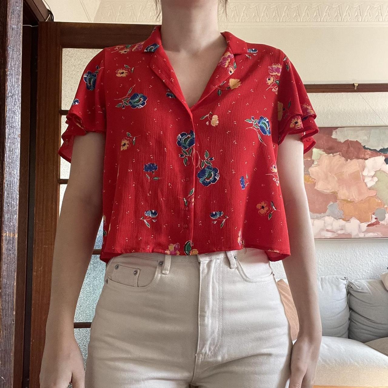 Zara Red Blouse With Flower Print and Frill... - Depop