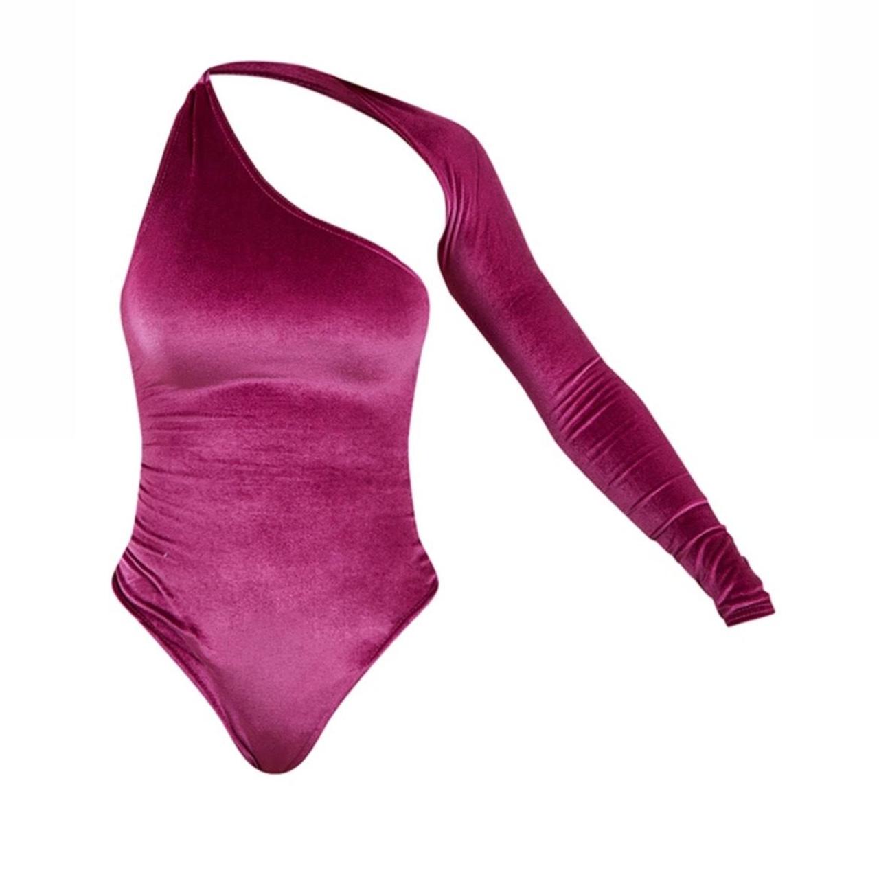 Bright Pink Velvet one shoulder asymmetric bodysuit... - Depop