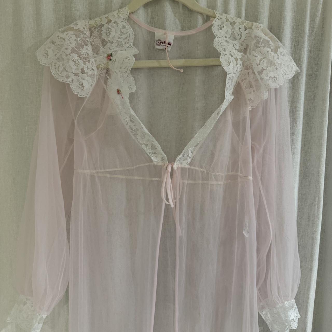 Vintage sheer micro mesh and lace pink robe / night... - Depop