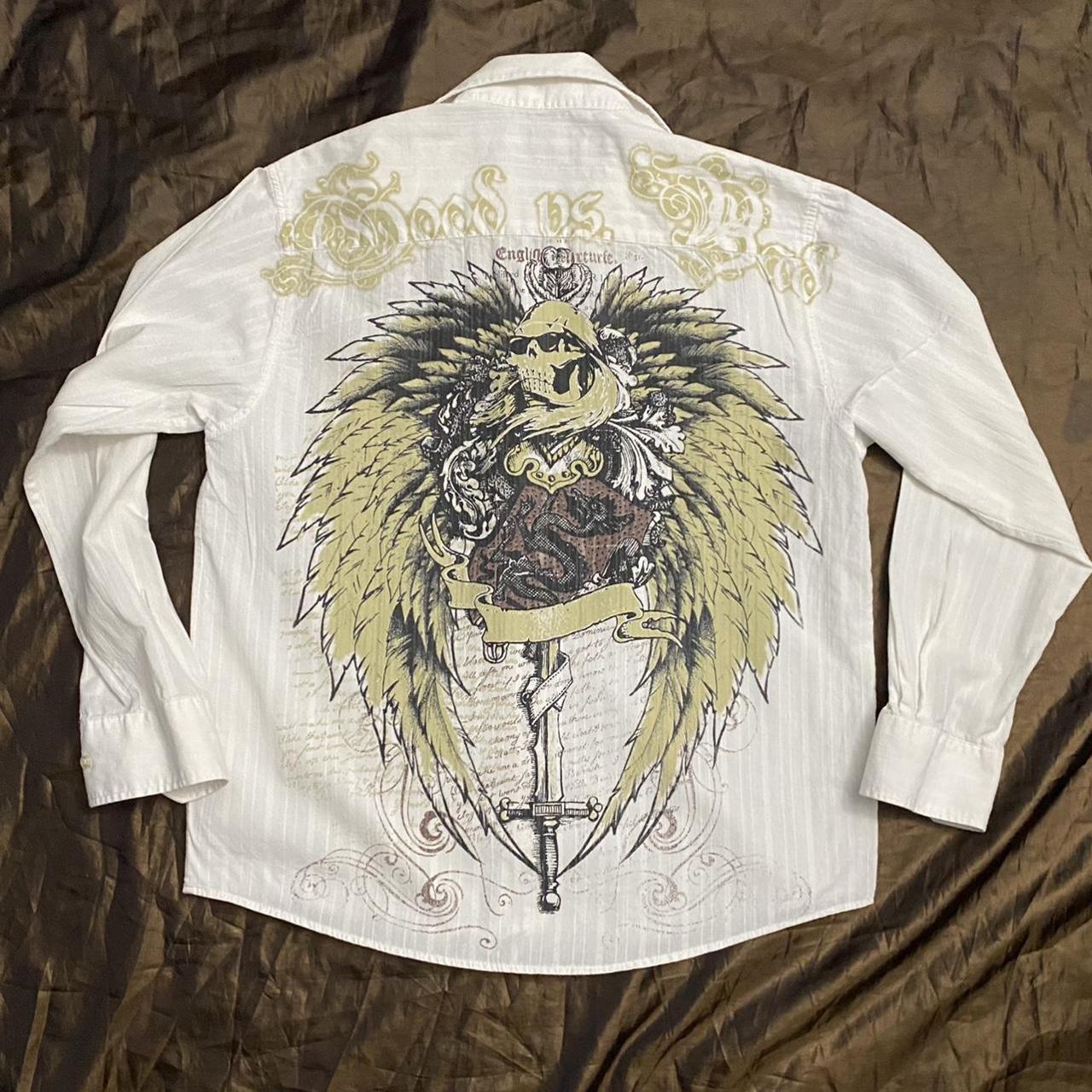 Y2K LONG SLEEVE BUTTON UP WITH CRAZY DESIGN AND... - Depop