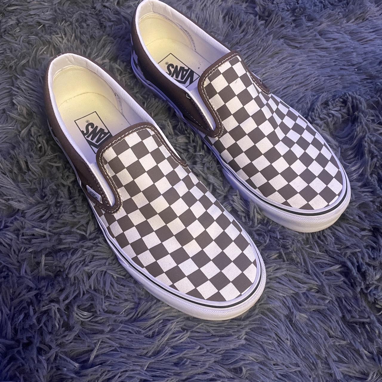 mens vans size 10 brown and white checkered shoes,... - Depop
