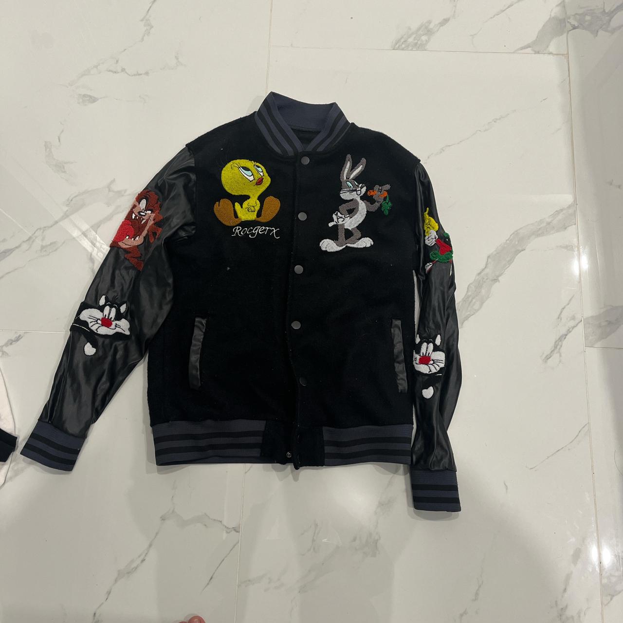 Black and multi-coloured Looney Tunes varsity jacket... - Depop