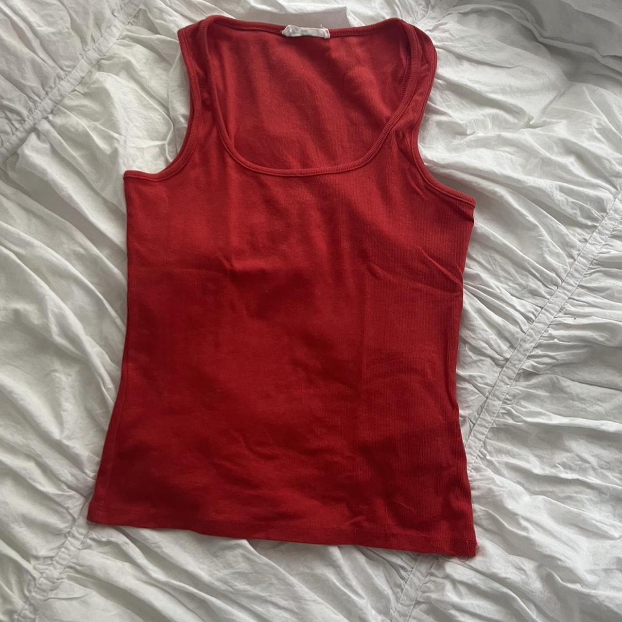 bright red ribbed scoop tank top. worn once. Size S-... | Depop