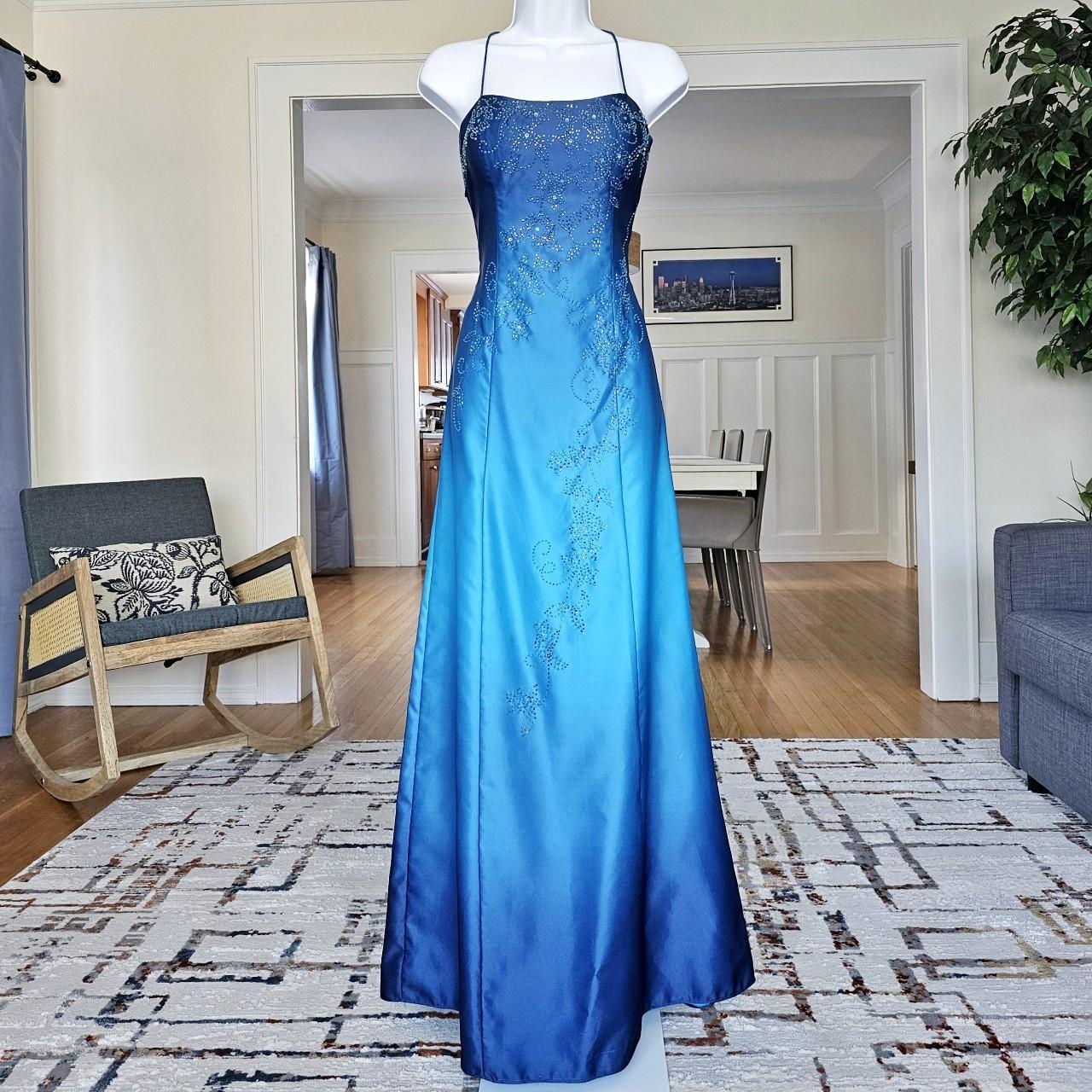 2000s blue beaded open back prom dress Blue ombre... - Depop