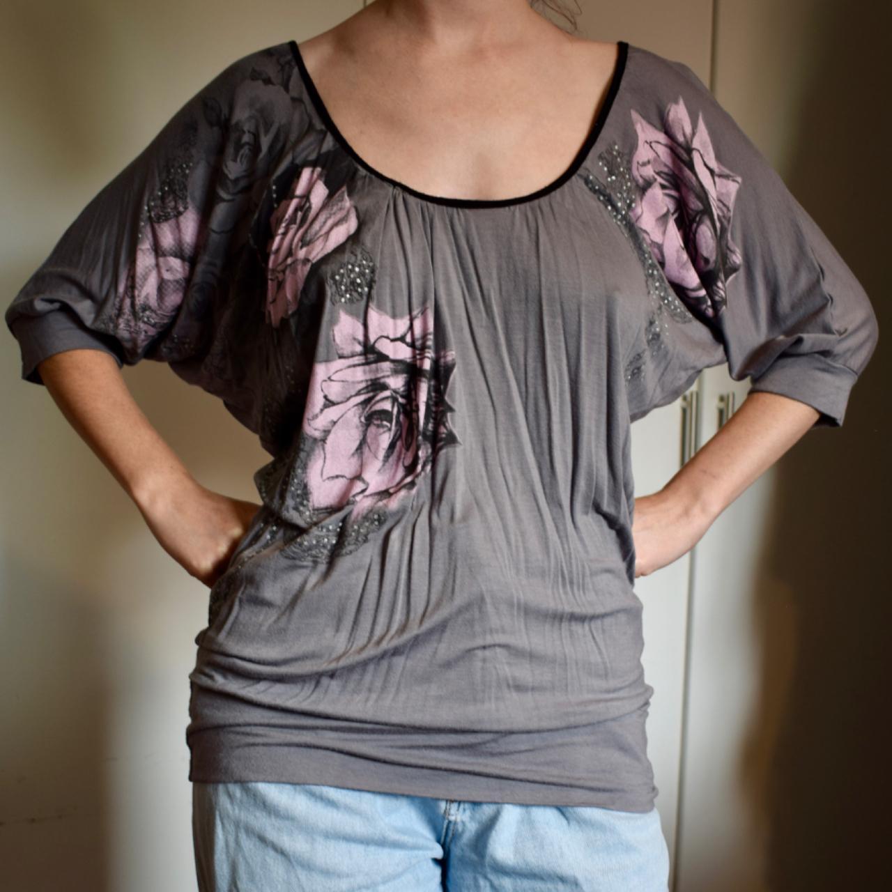 Ladies Y2k bat winged top with a floral and diamanté... - Depop