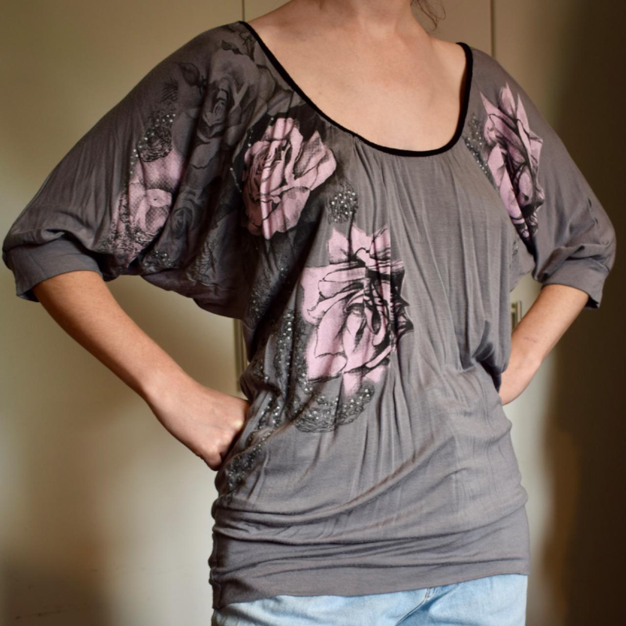 Ladies Y2k bat winged top with a floral and diamanté... - Depop