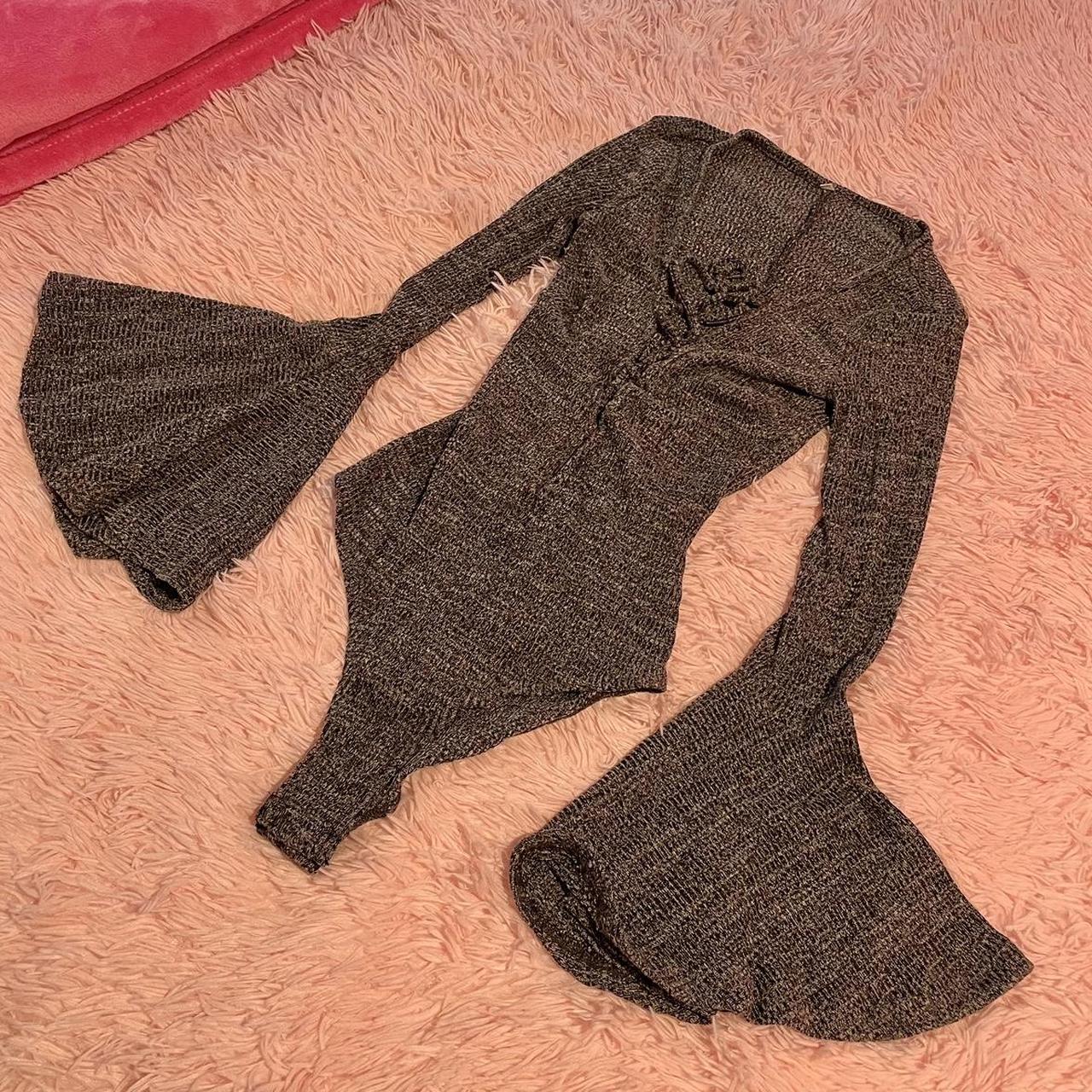 -marled gray bell sleeve bodysuit with lace up front... - Depop
