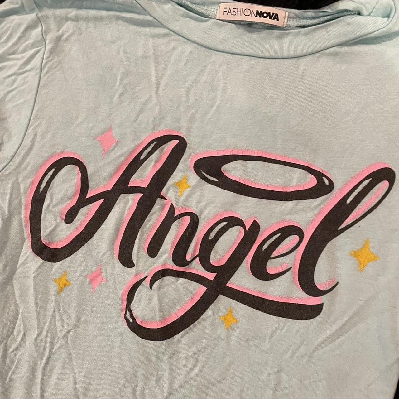 -angel cropped mini / baby tee -baby blue with pink... - Depop