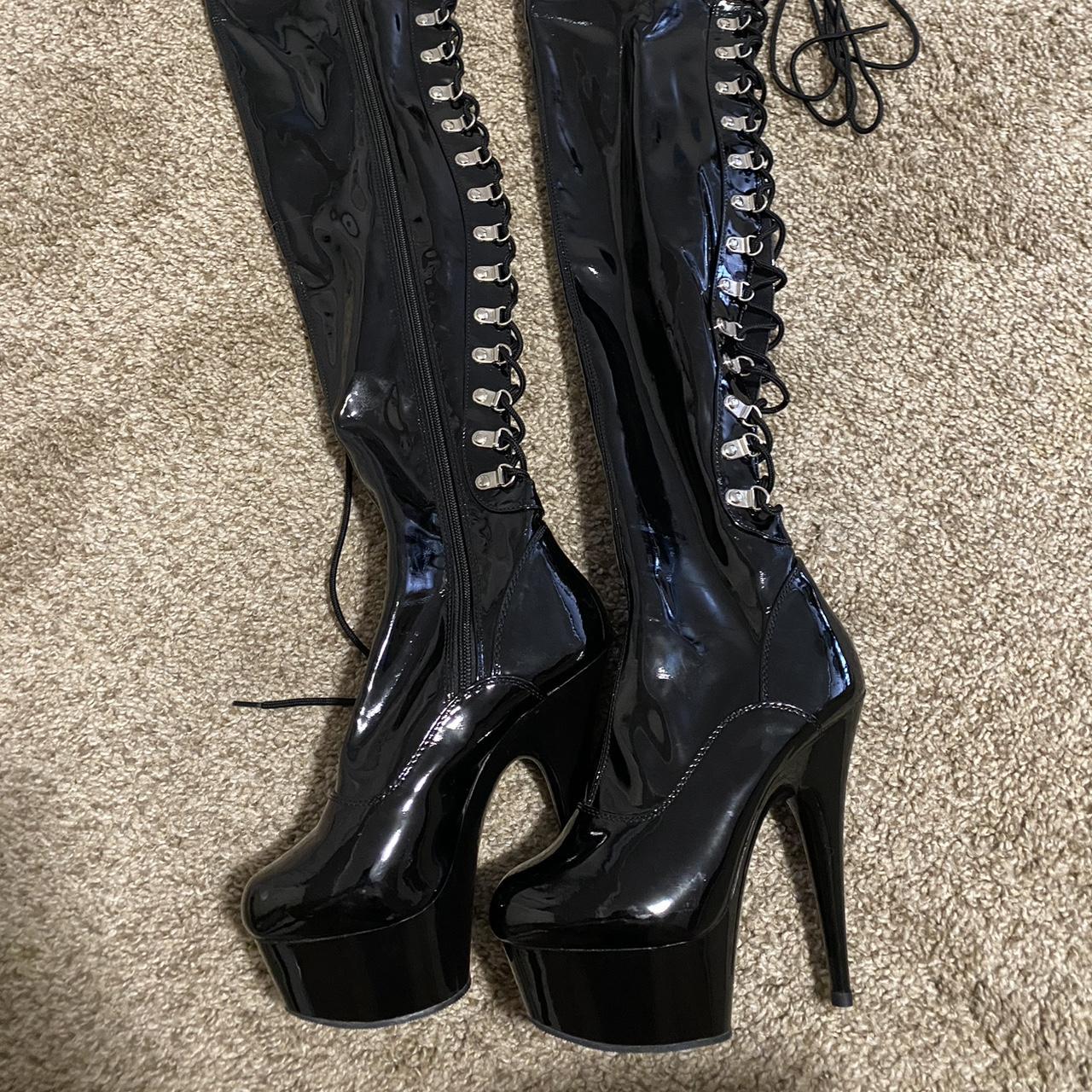 Platform black lace up in the back heels Thigh high... - Depop