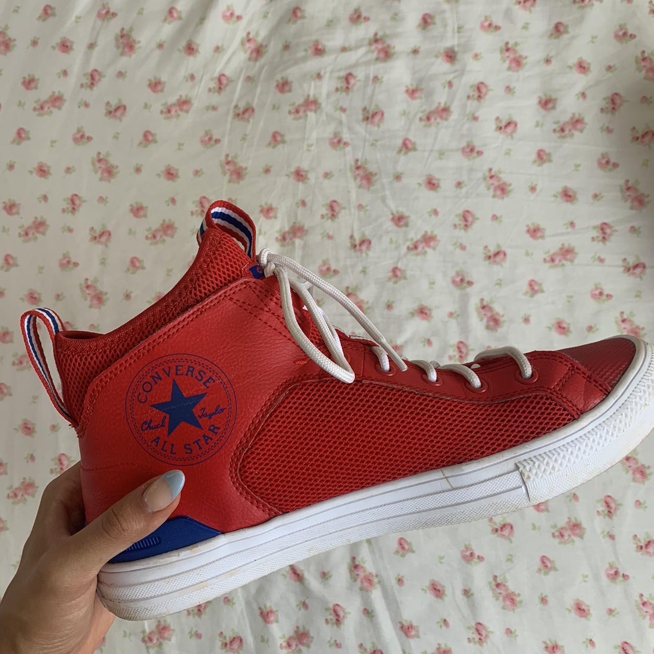 red and blue high top all star converse 🎀 lightly... - Depop
