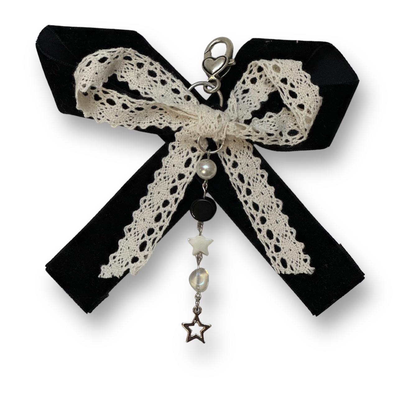 Velvet & lace ribbon bow keychain with... - Depop