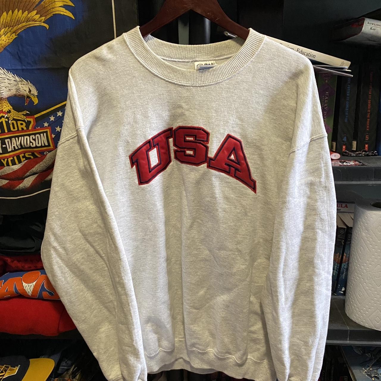 Vintage USA embroidered grey crewneck pullover... | Depop