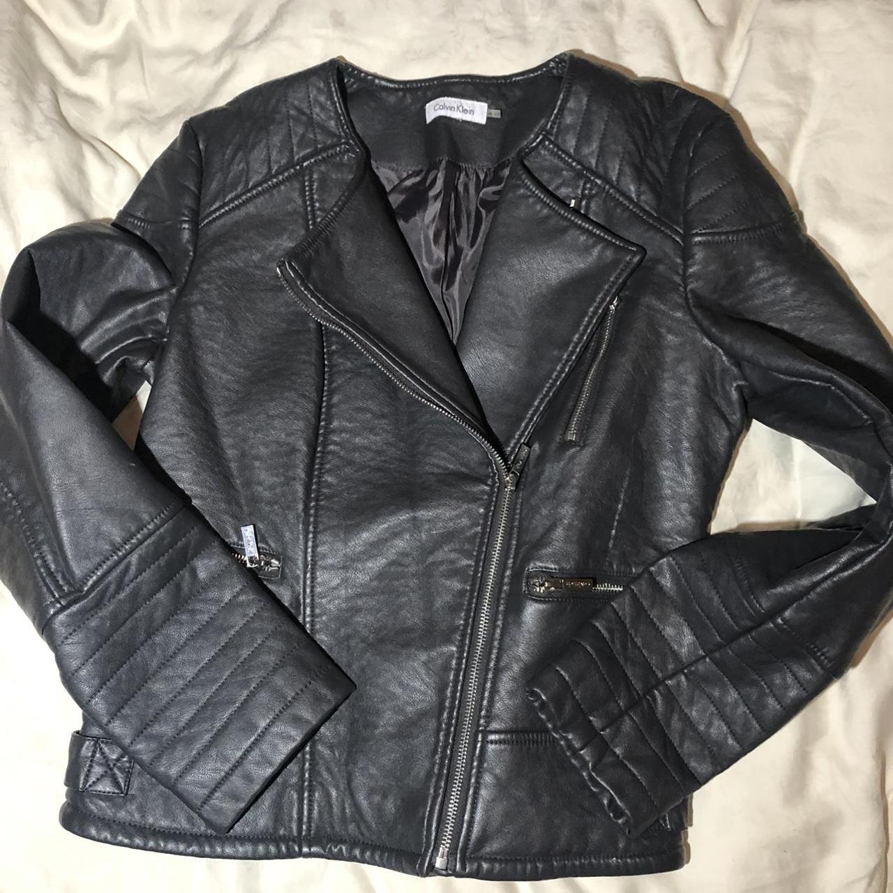Calvin Klein Charcoal Leather Jacket- Heavy Duty - Depop