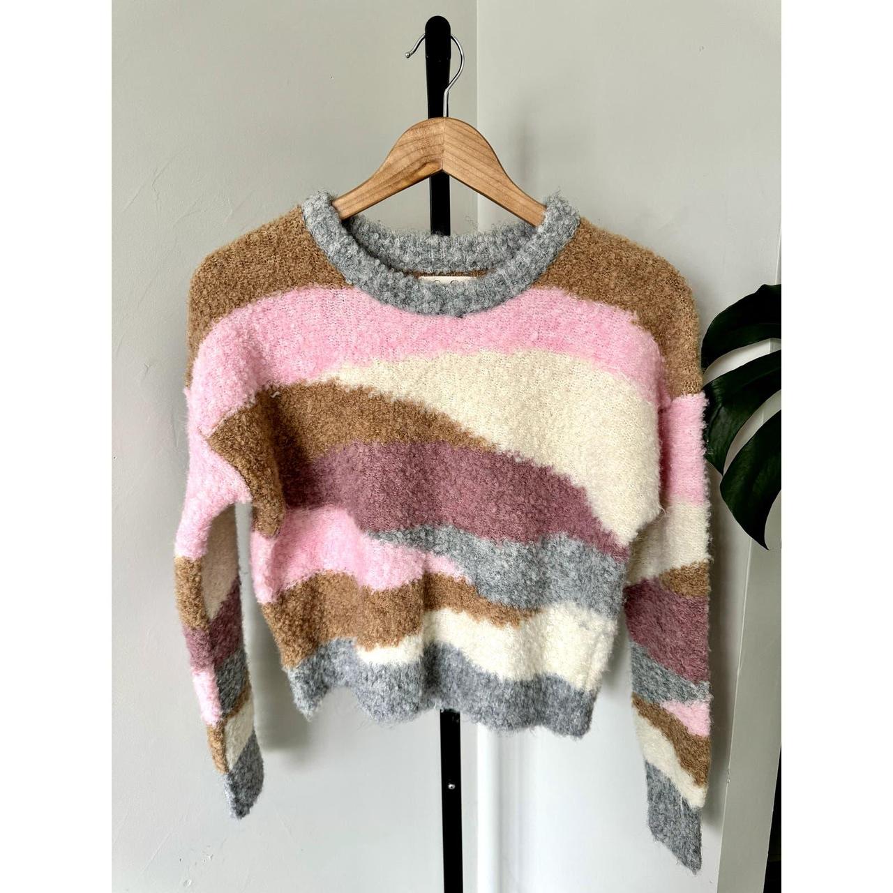 Jessica Simpson Fuzzy Pink and Neutral Sweater Size... - Depop