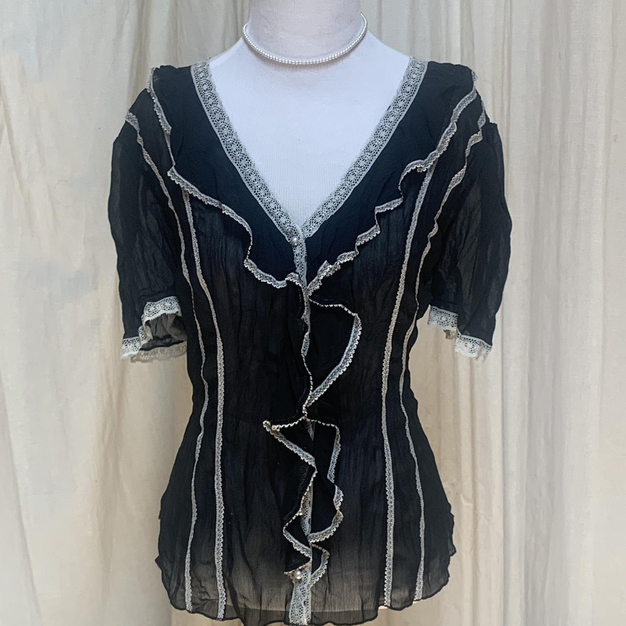Vintage Sheer Black+White Ruffle Collared Blouse... - Depop