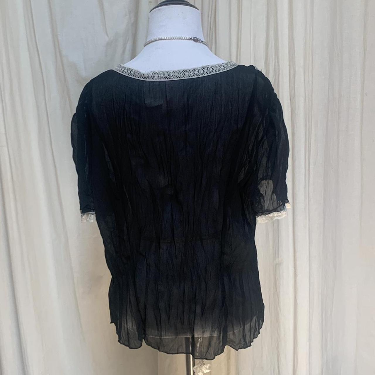 Vintage Sheer Black+White Ruffle Collared Blouse... - Depop