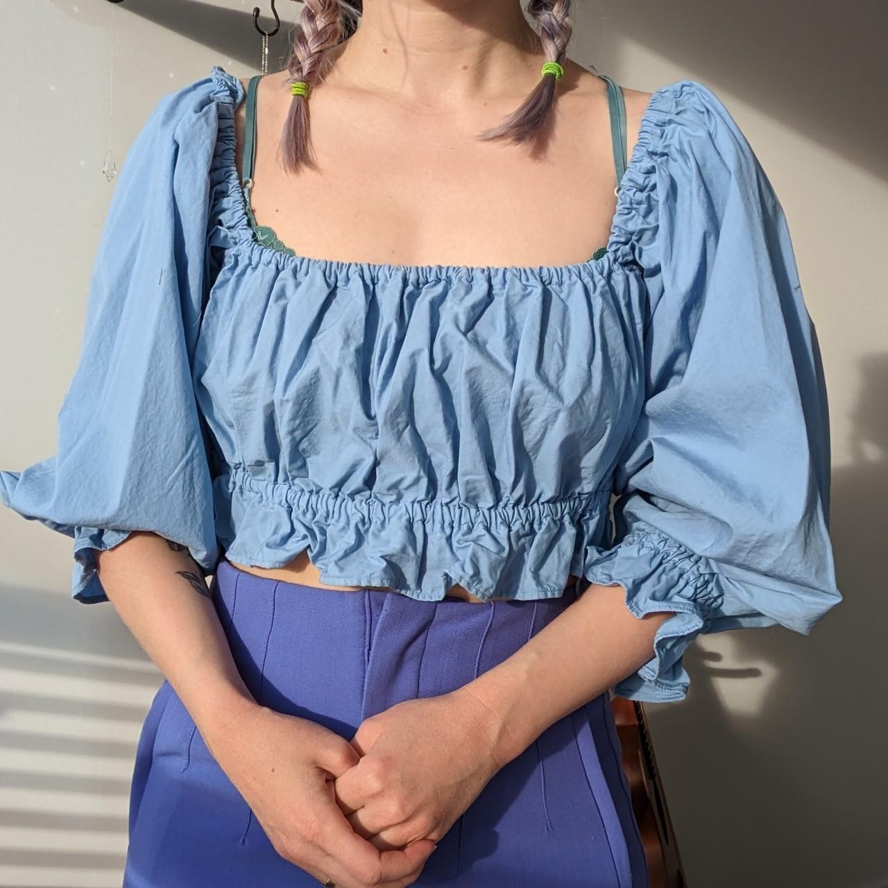 Light blue organic cotton puff sleeve top. Size S/M... - Depop