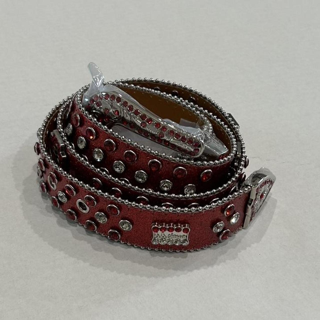 Brand new red rhinestone belt with bb simon logo on... | Depop