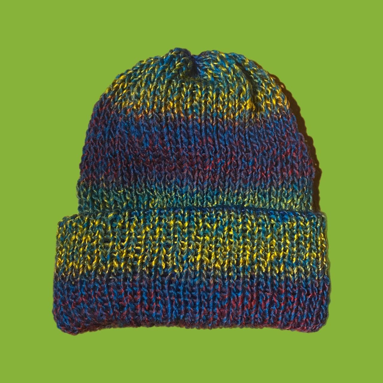 Knitted reversible beanie, with blues, greens and... - Depop