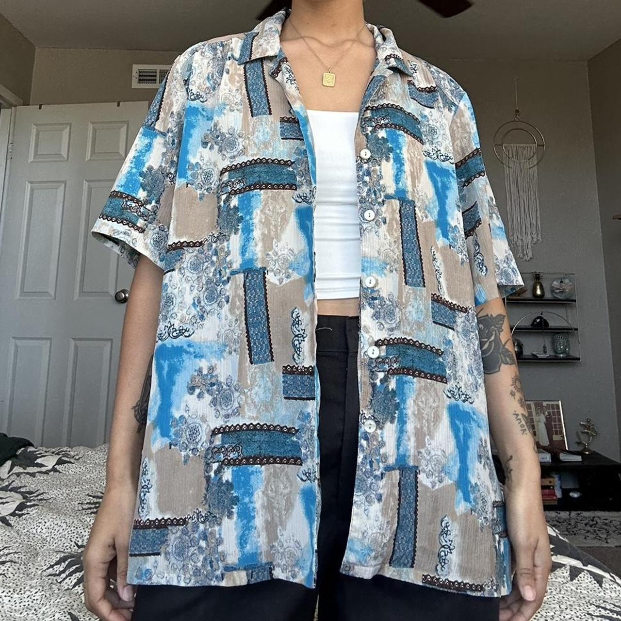 Vintage button down Super cool pattern No size tag... - Depop