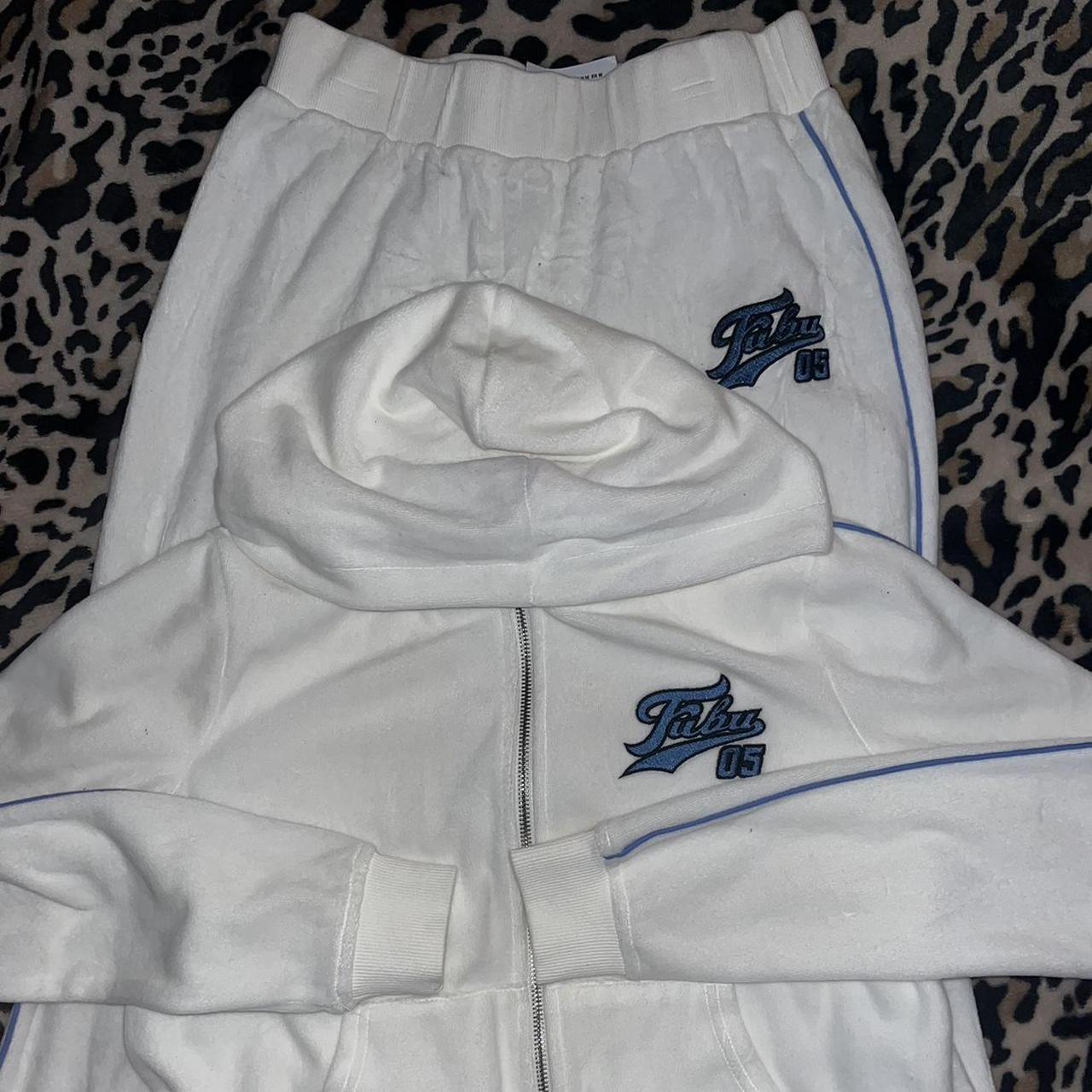 fubu white and blue velvet tracksuit -wore it once... - Depop