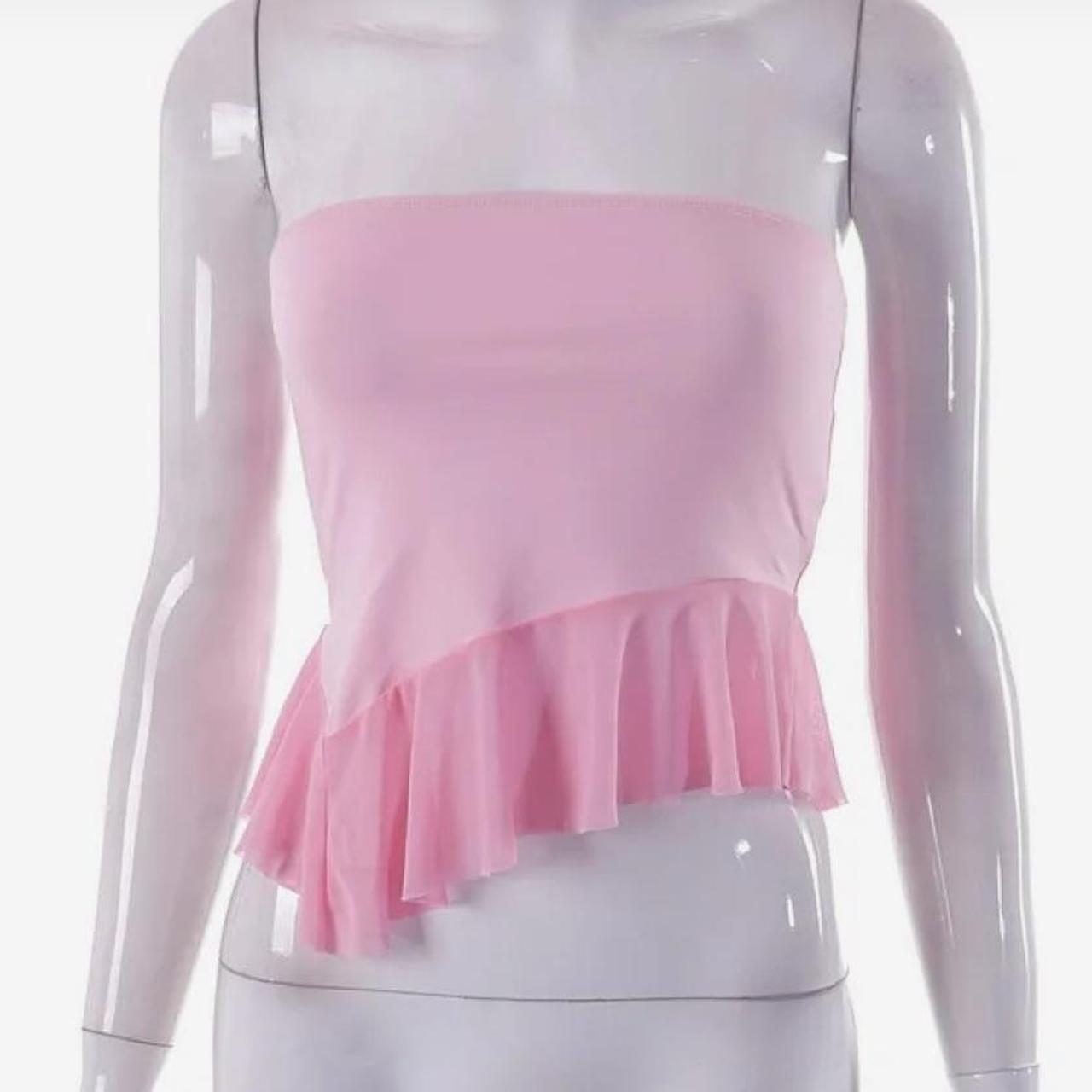 y2k bandeau ruffle crop top pink baby vintage girly... - Depop
