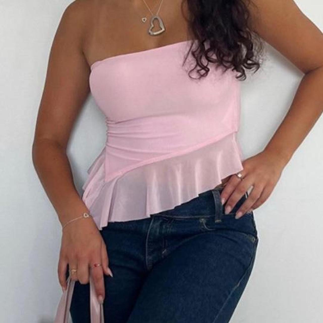 y2k bandeau ruffle crop top pink baby vintage girly... - Depop