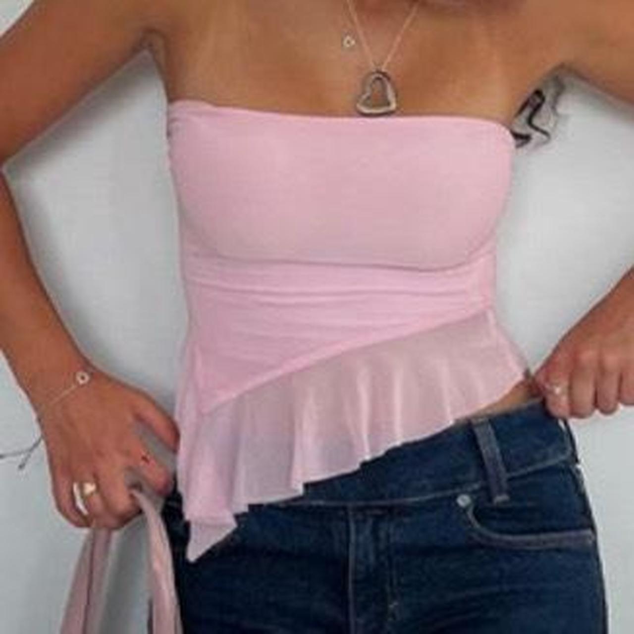 y2k bandeau ruffle crop top pink baby vintage girly... - Depop