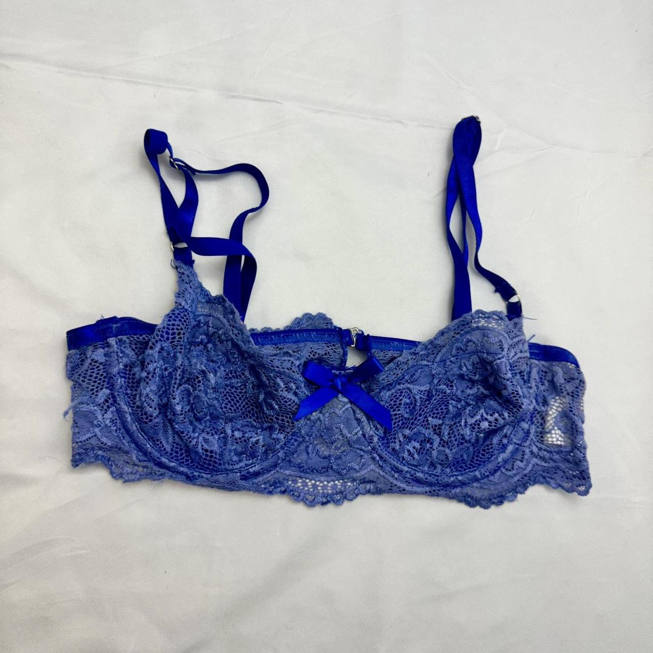 Cobalt Blue lace balconette bra with bows... | Depop