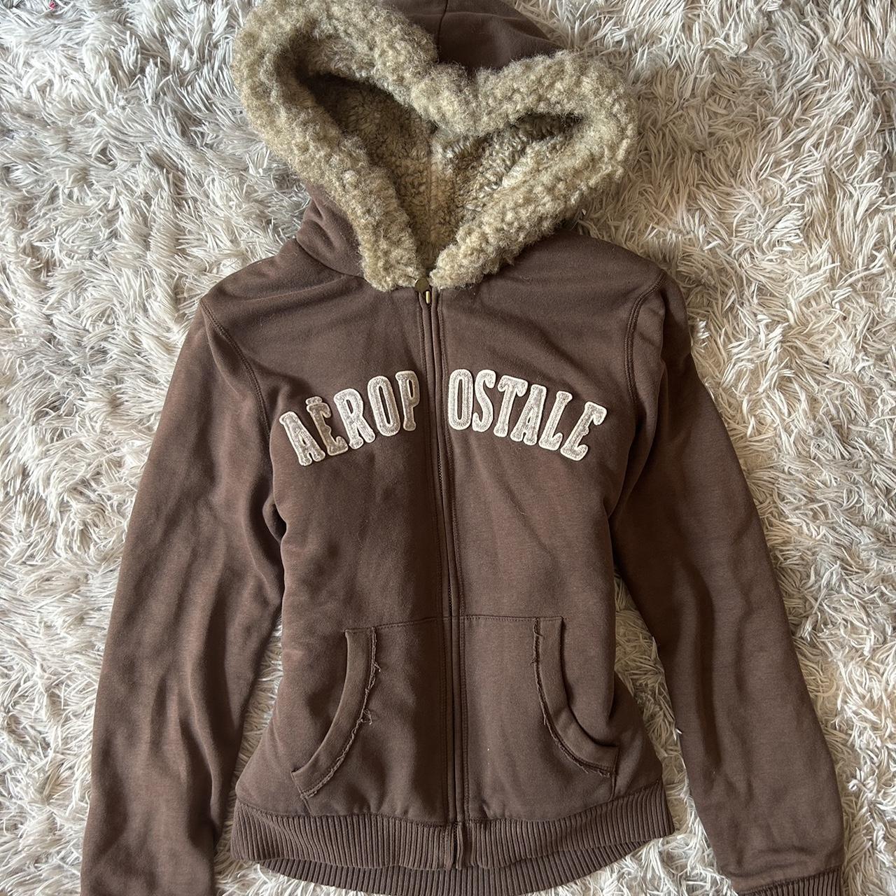 Rare y2k brown Aeropostale faux fur lined zip up... - Depop