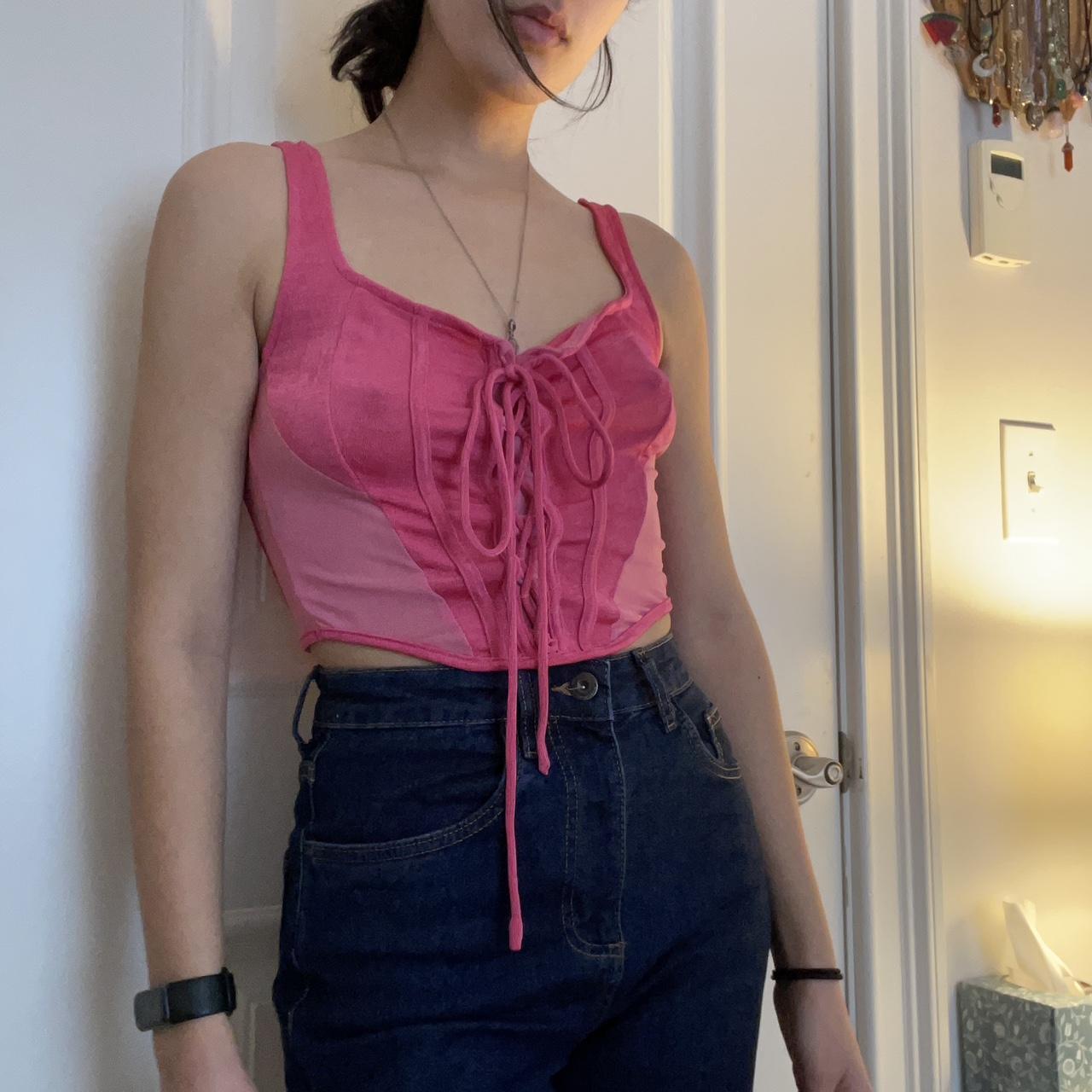 CIDER hot pink lace up top faux corset look with... - Depop