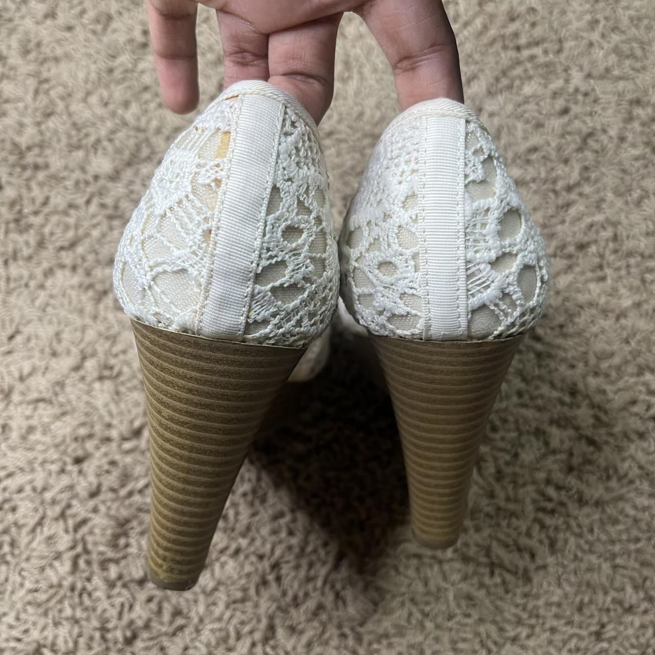 Off white lace peep toe American Eagle heels with... | Depop