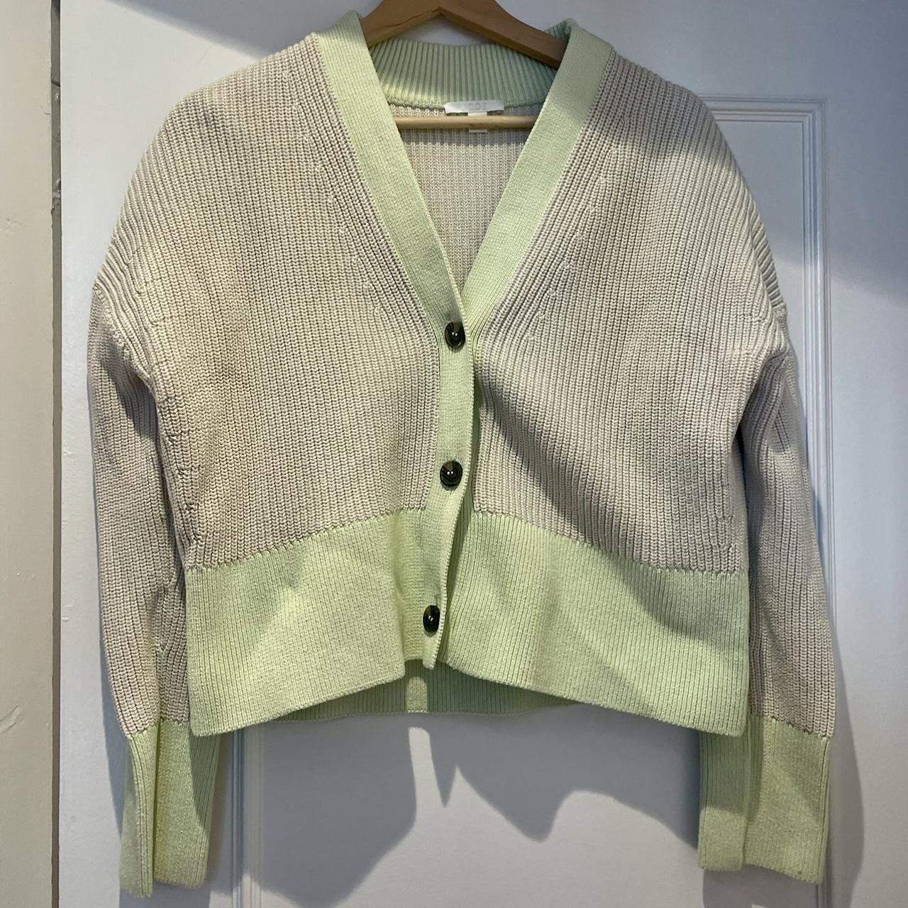 Cos slightly cropped cotton knot cardigan, in beige... - Depop