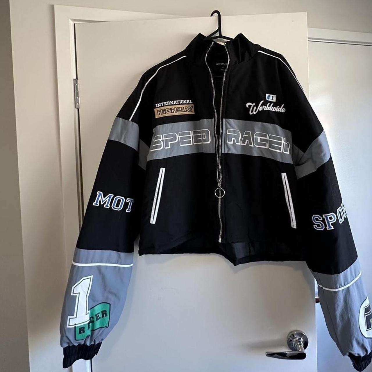 RACER JACKET BLUE ANS BLACK SIZE M FITS WELL... - Depop