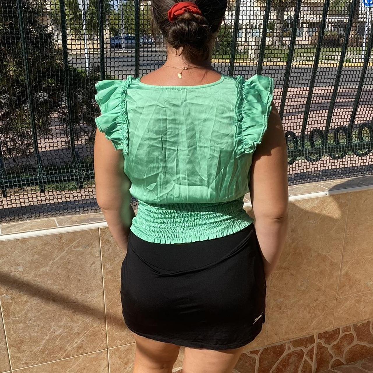 Stunning green satin ruched shirt with ruffle sleeves - Depop