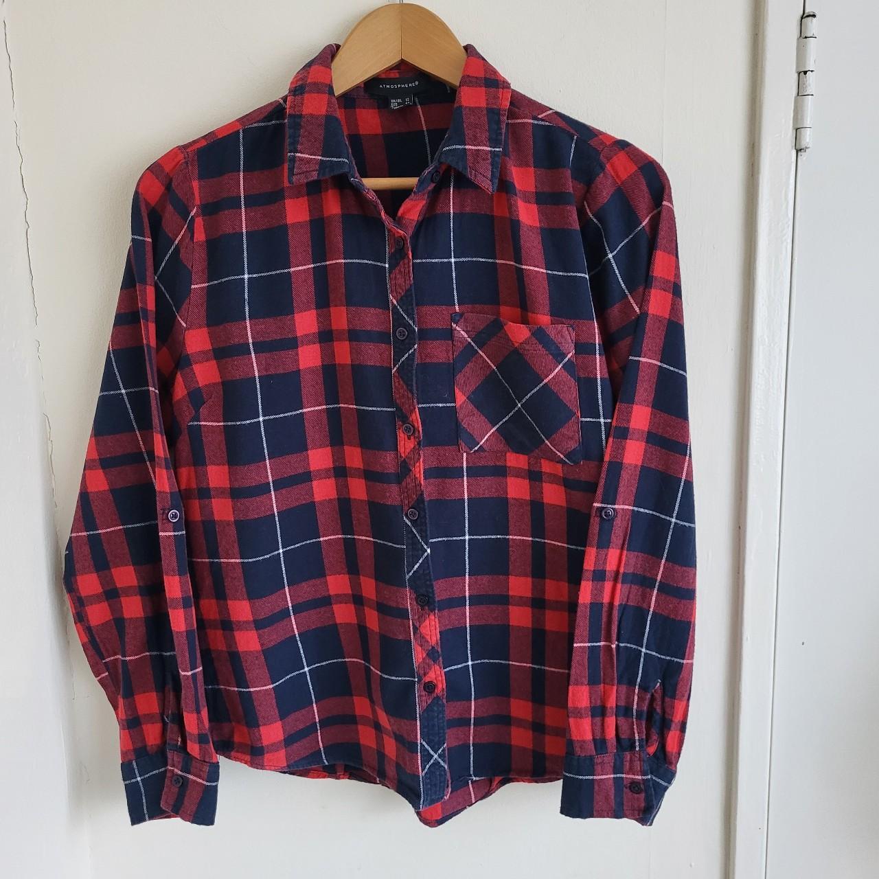Ladies red and navy check print blouse shirt top... - Depop