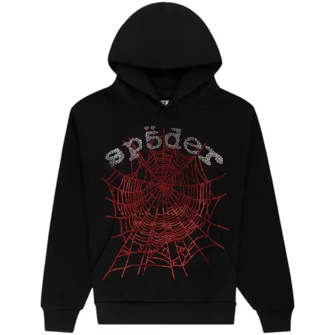 Black and Red Rhinestone Web Sp5der Hoodie. Size S,... | Depop