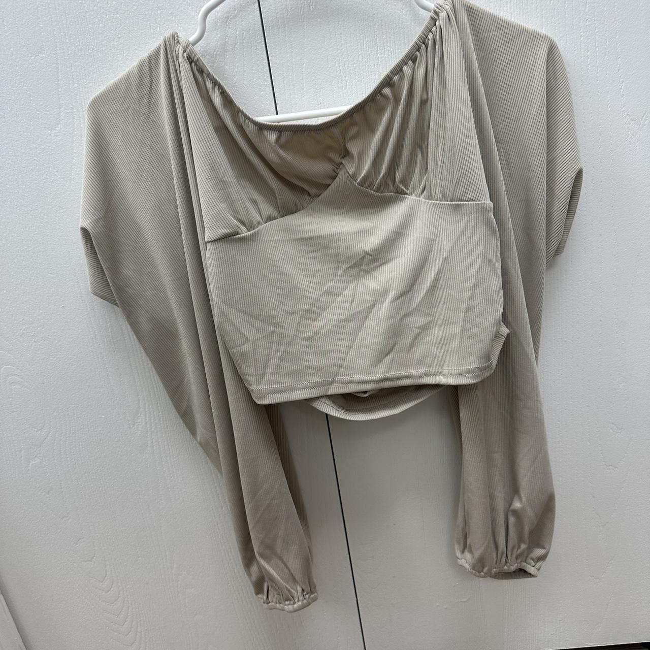 Tan long sleeve ripped crop top with a square neck line - Depop