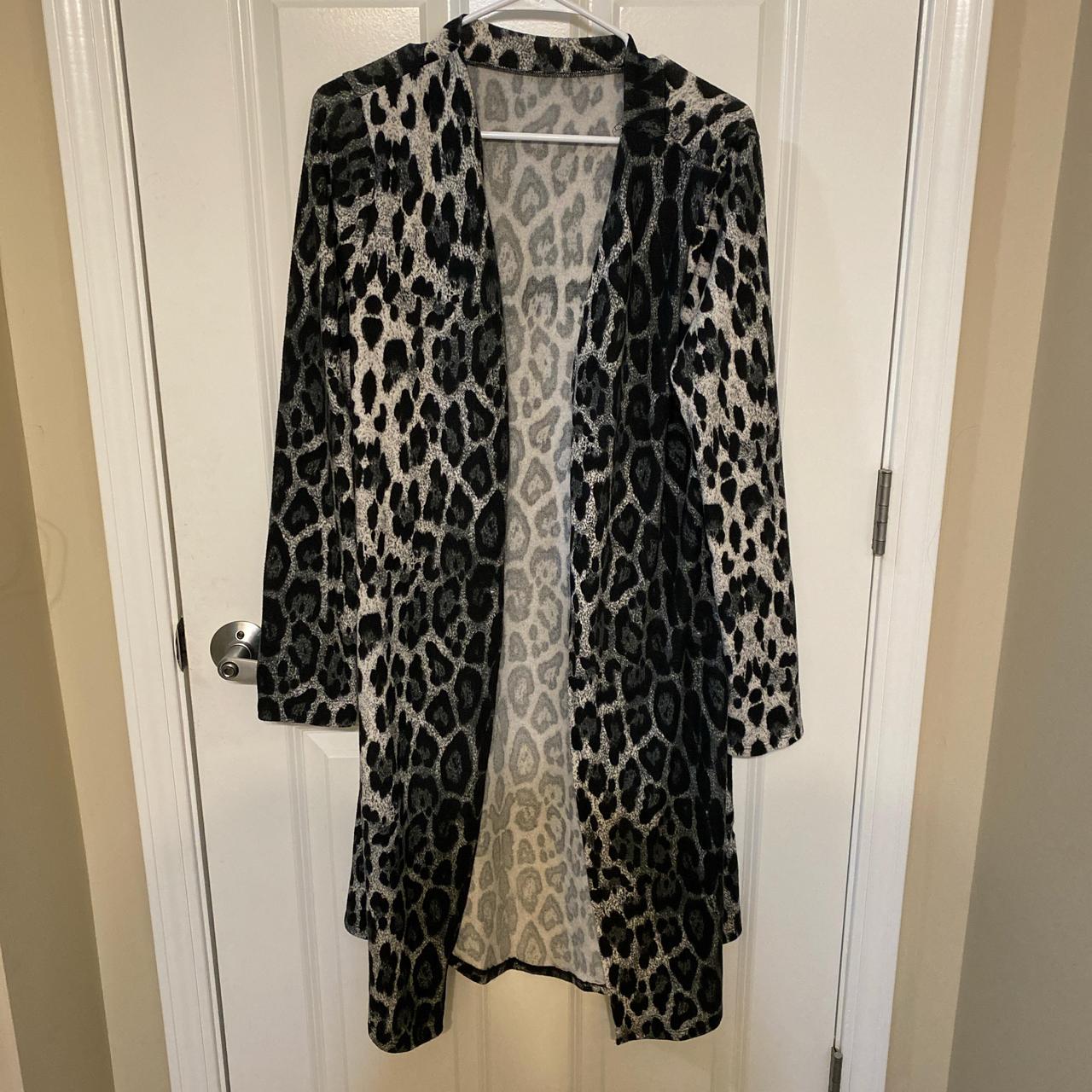 Grey and black leopard print duster sweater - Depop
