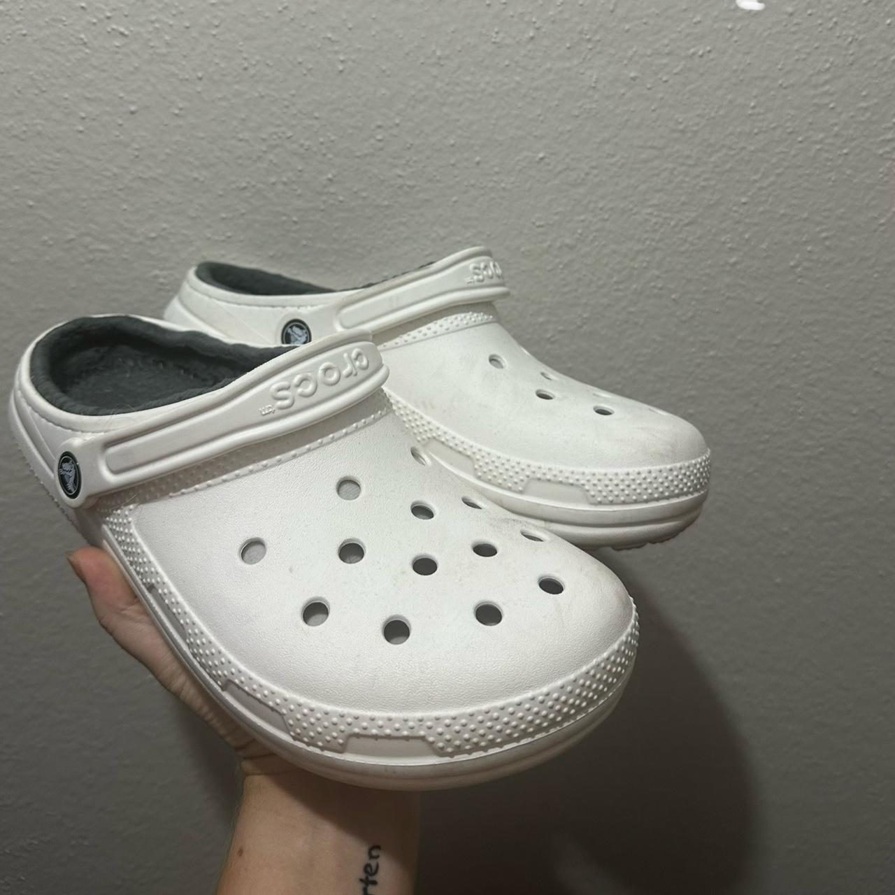 white crocs with gray fur lining #crocs - Depop