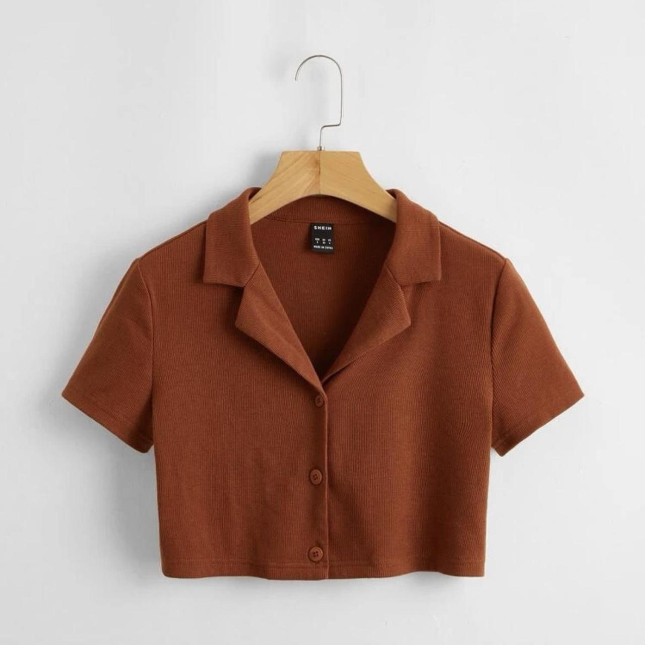 rust brown button up crop top collared top (fits... - Depop