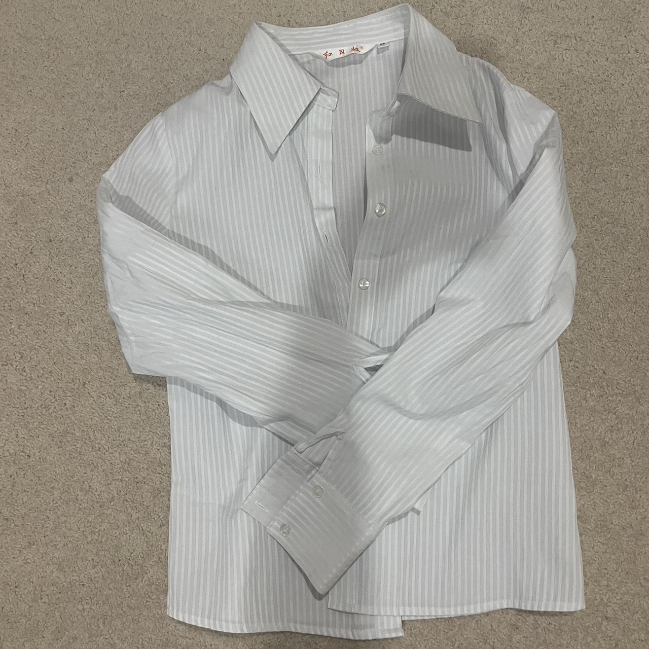white satin blouse 🖇️ Pinstripe Tags - office siren,... | Depop
