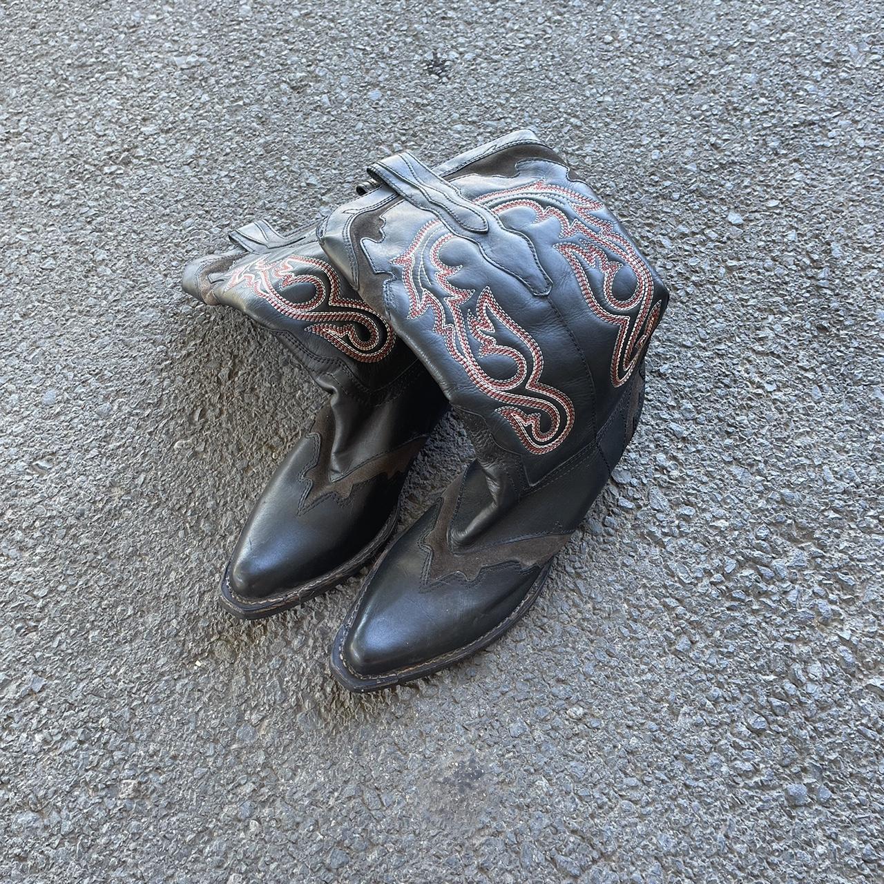 y2k cowboy boots Black leather, with red and white... - Depop